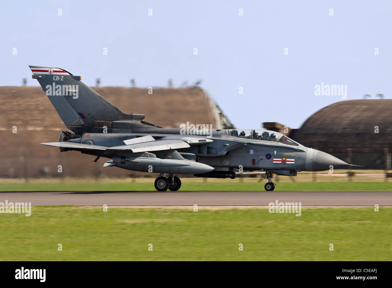 41 Squadron Tornado landing at RAF Coningsby with reverse thrust fully ...