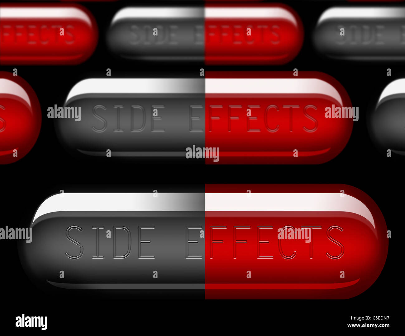 Illustration of rows of Red and Black capsules with SIDE EFFECTS ...