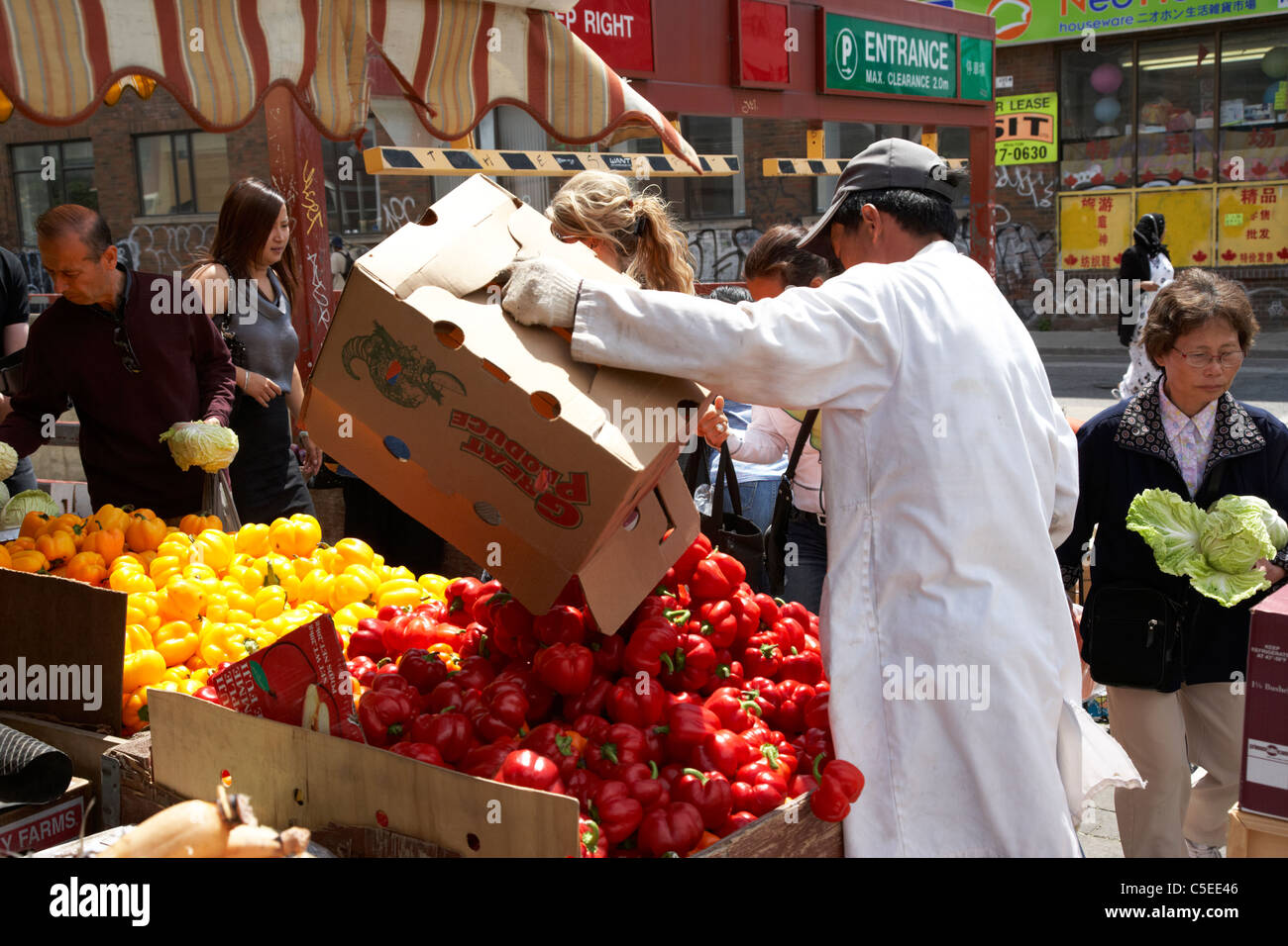 grocer putting fresh vegetables on outside stall of a store chinatown ...