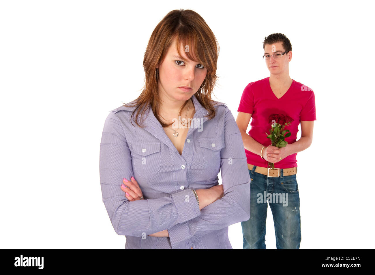 Man giving woman flowers angry hi-res stock photography and images - Alamy