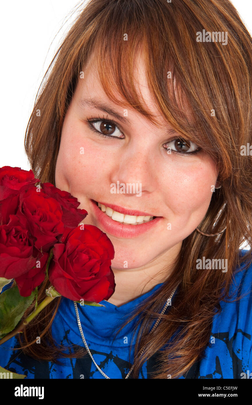 Beautiful girl with a bouquet of red roses Stock Photo - Alamy
