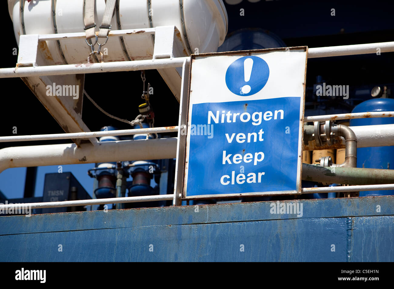 Warning sign on side of ship regarding Nitrogen vent Stock Photo - Alamy