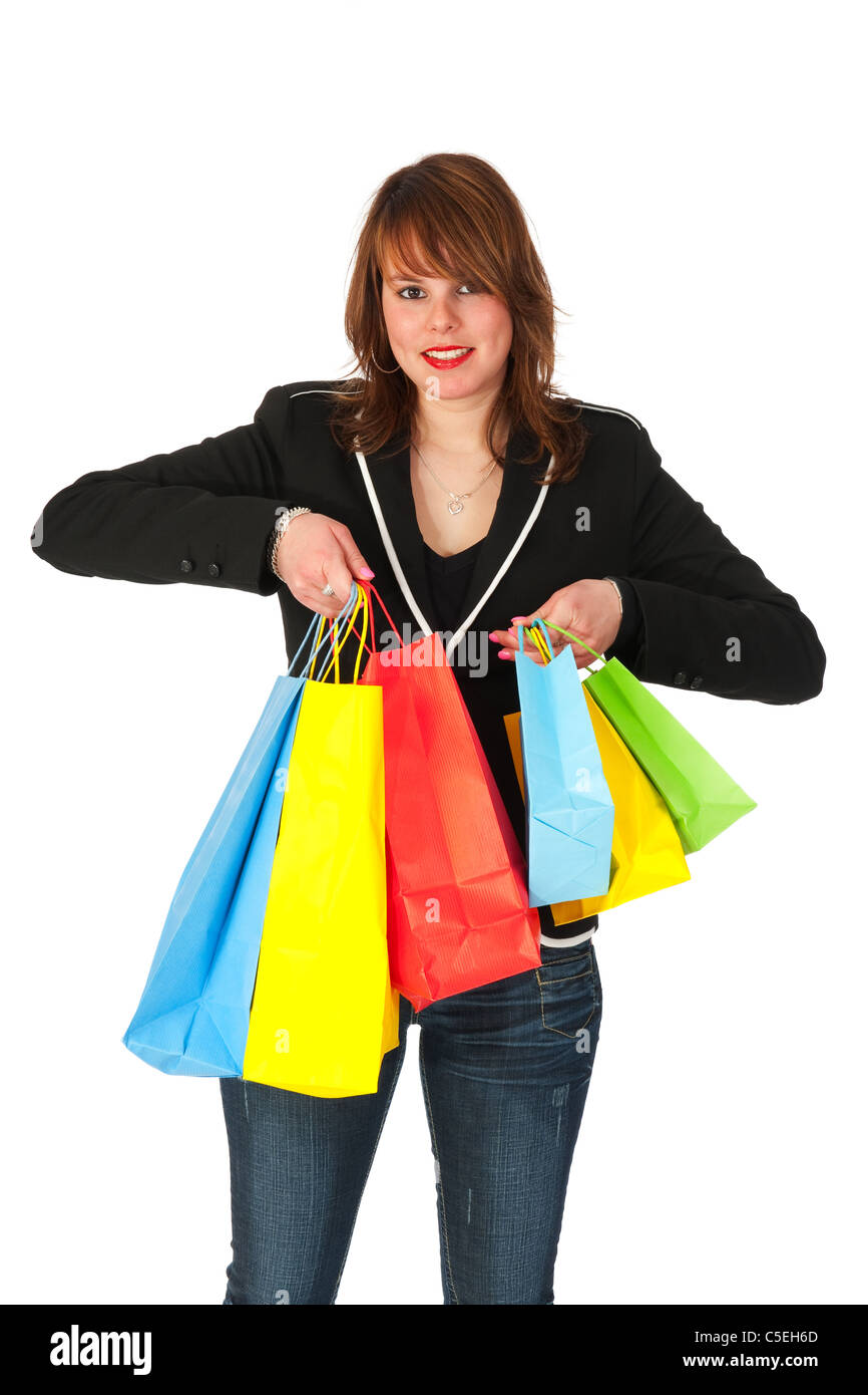Girl is shopping with many colorful bags Stock Photo - Alamy