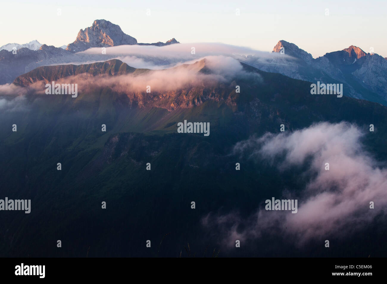 French Alps at sunset, Bargy Mountains, Grand Bornand, France Stock ...
