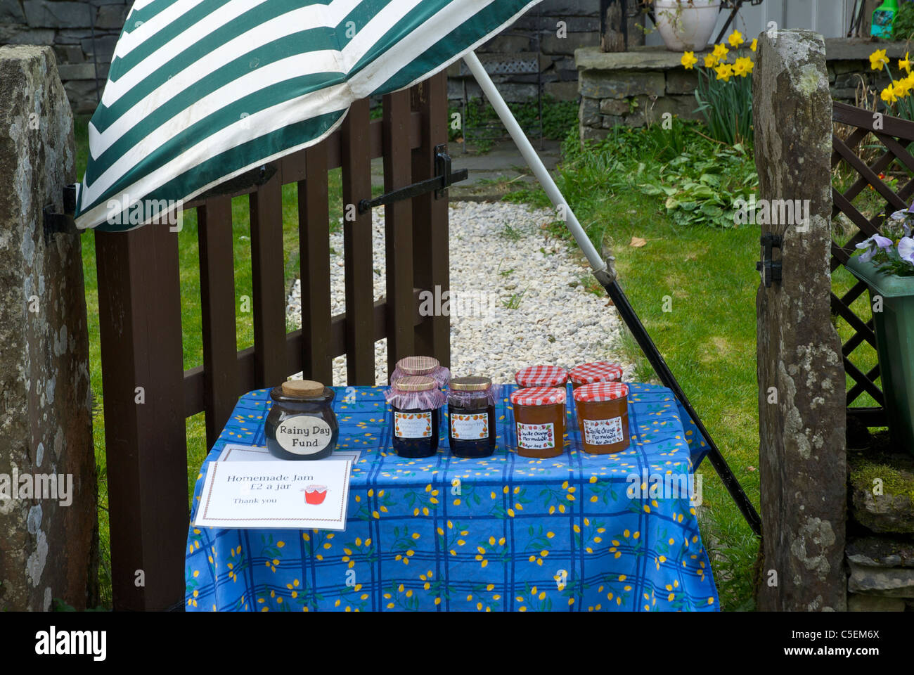 Home-made jam and marmalade for sale outside house in village of High ...