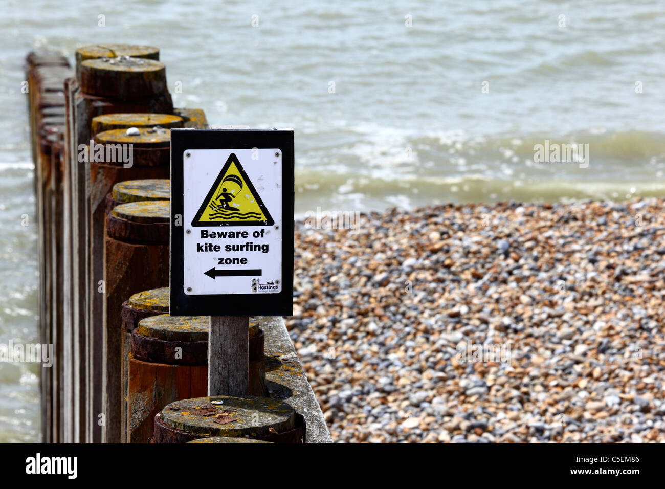 Beware of kite surfing zone sign on groyne, St Leonards on Sea, East ...