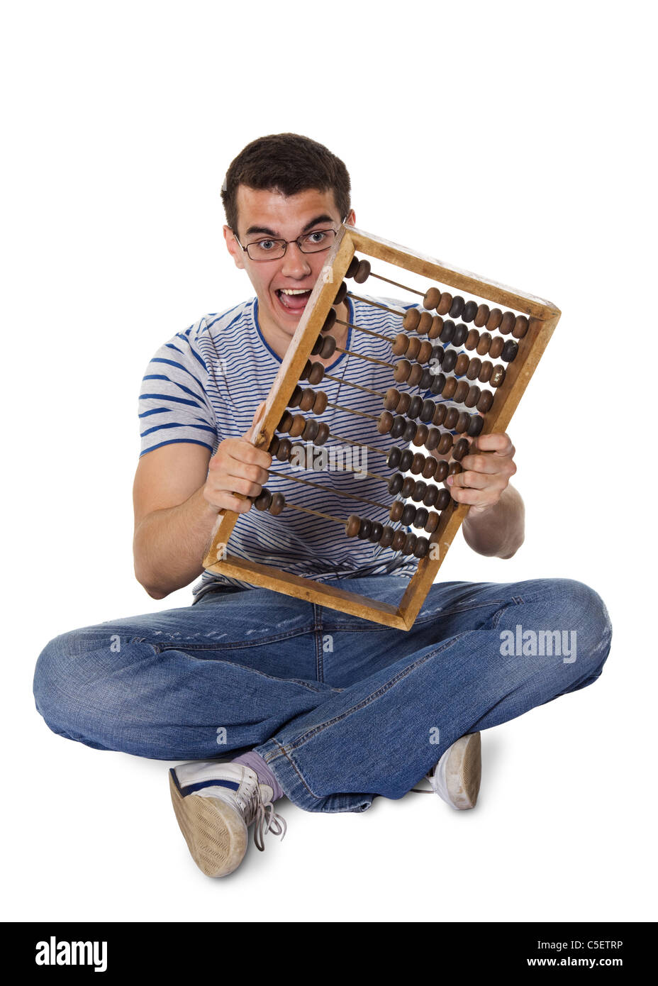 Angry accountant makes tax calculation wooden abacus Stock Photo - Alamy