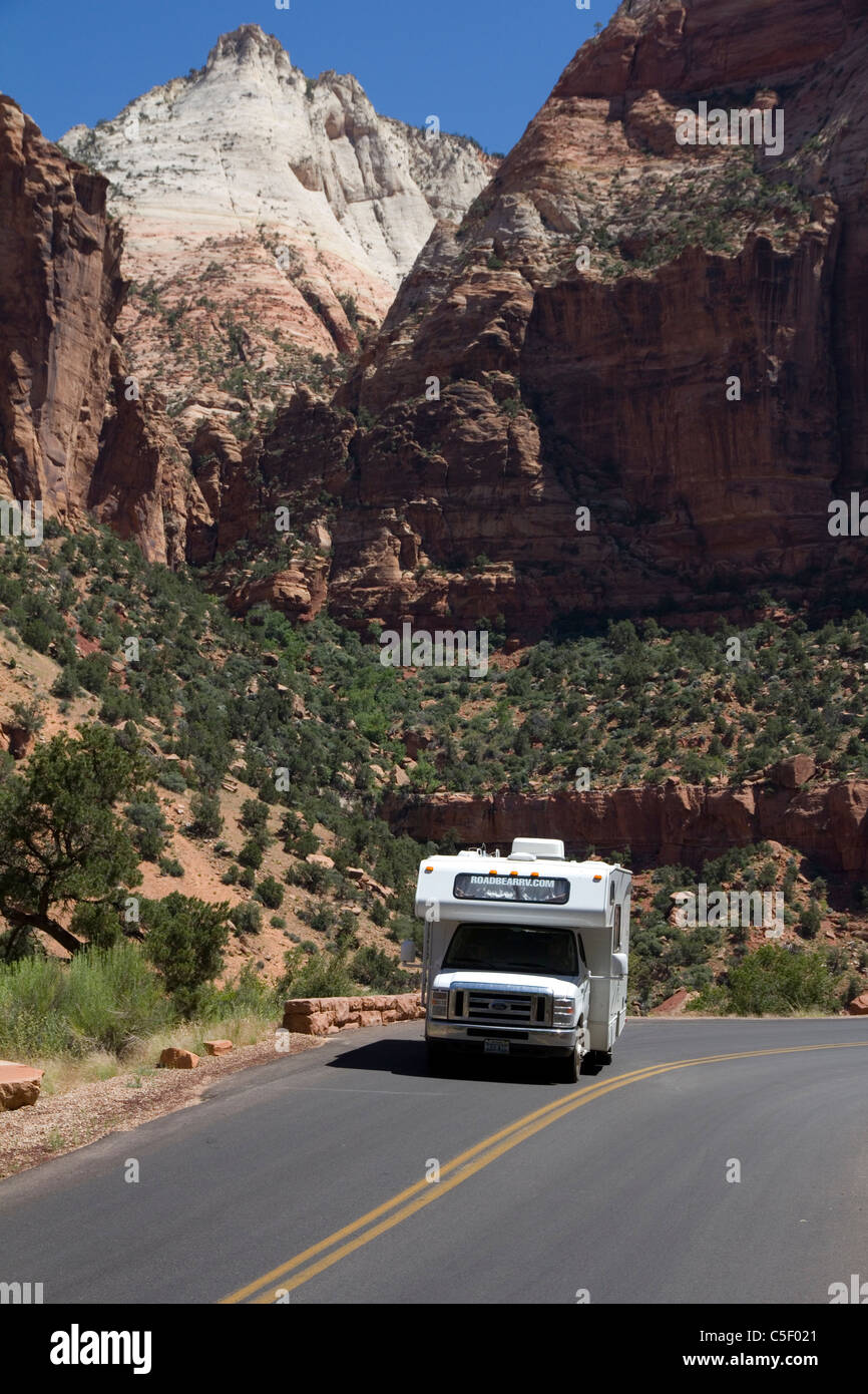 RV action along scenic Route 9 through Zion National Park, UT Stock ...