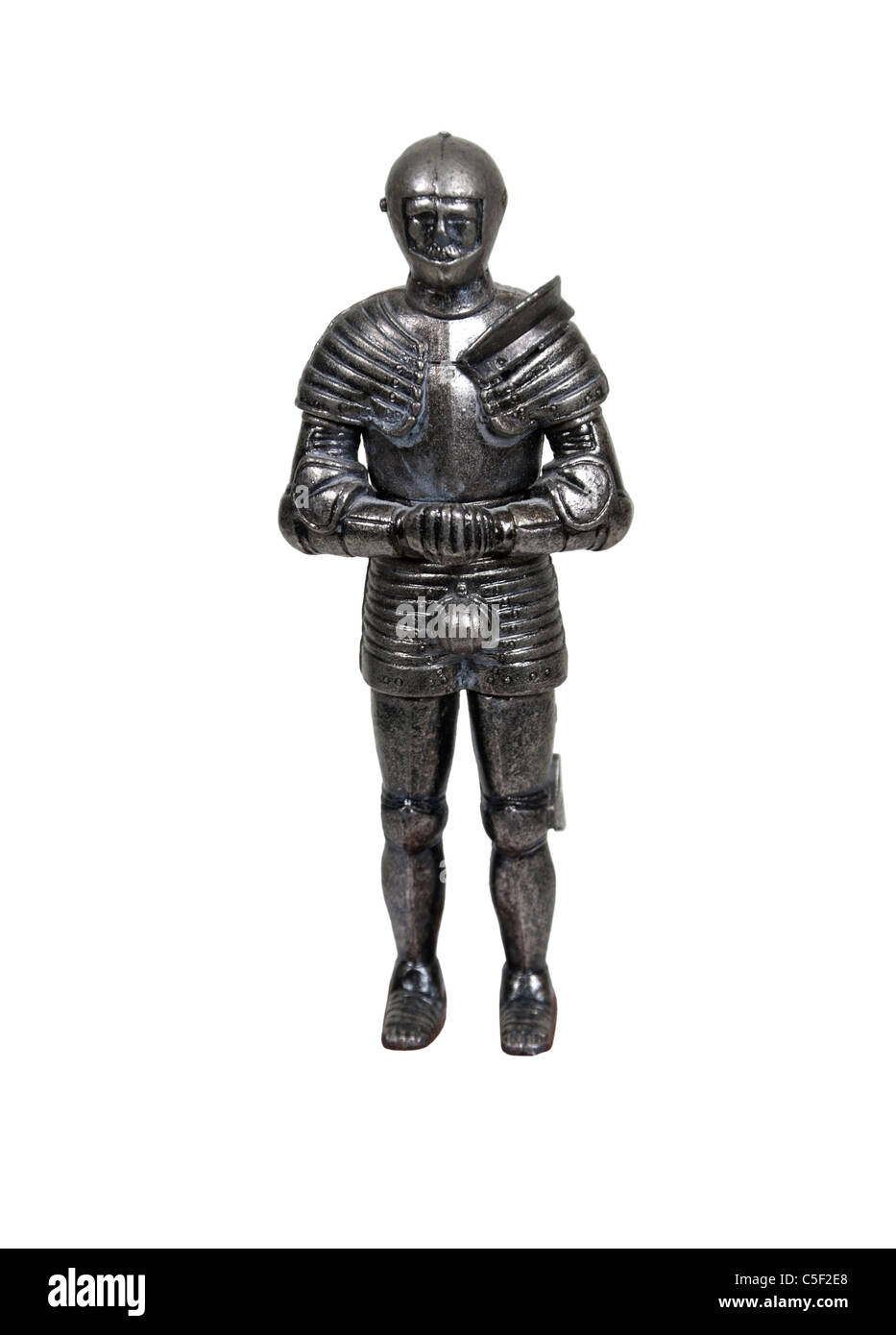 Standing medieval knight wearing armor for protection and display of ...