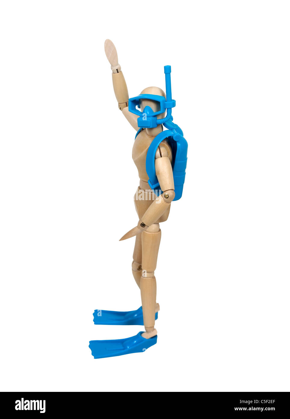 Summer fun shown by a model waving and wearing scuba diving equipment ...