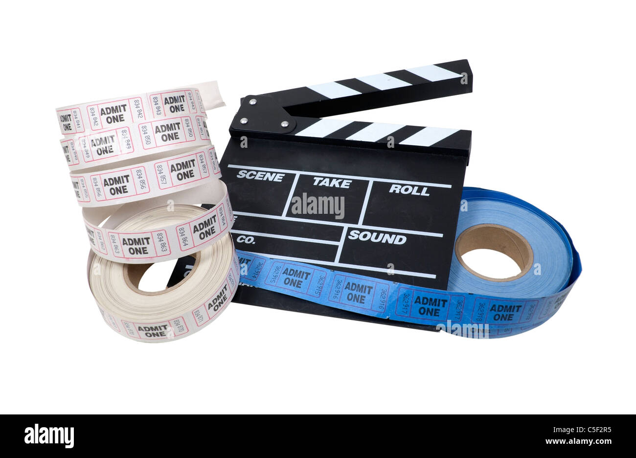 Movie time shown by roll of admission tickets and a movie marker board ...