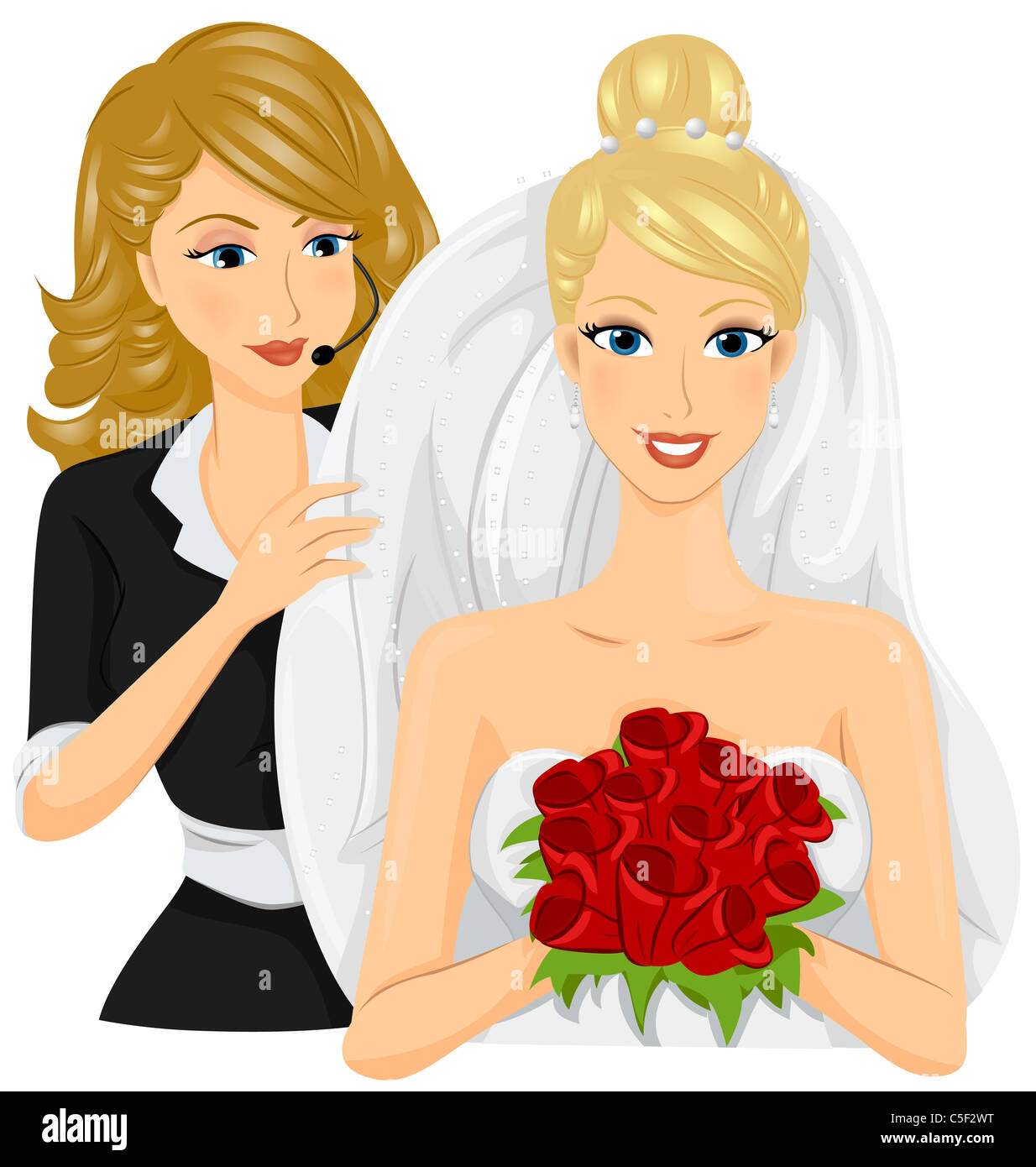 A Female Wedding Planner Helping a Smiling Bride Holding a Bouquet of ...