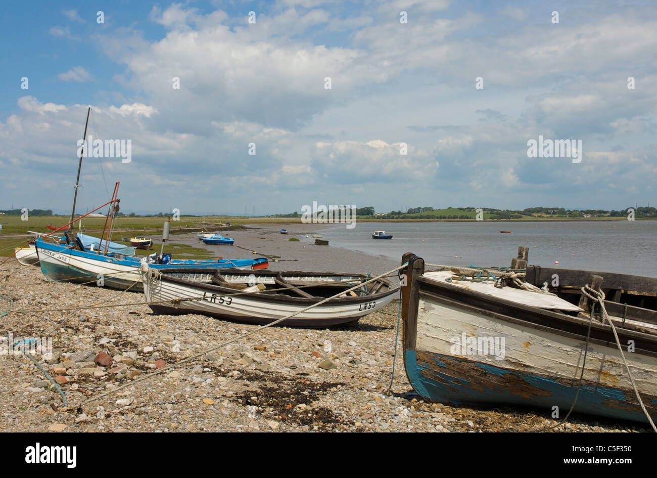 Boats on beach at Sunderland Point, near Lancaster, Lancashire, England ...