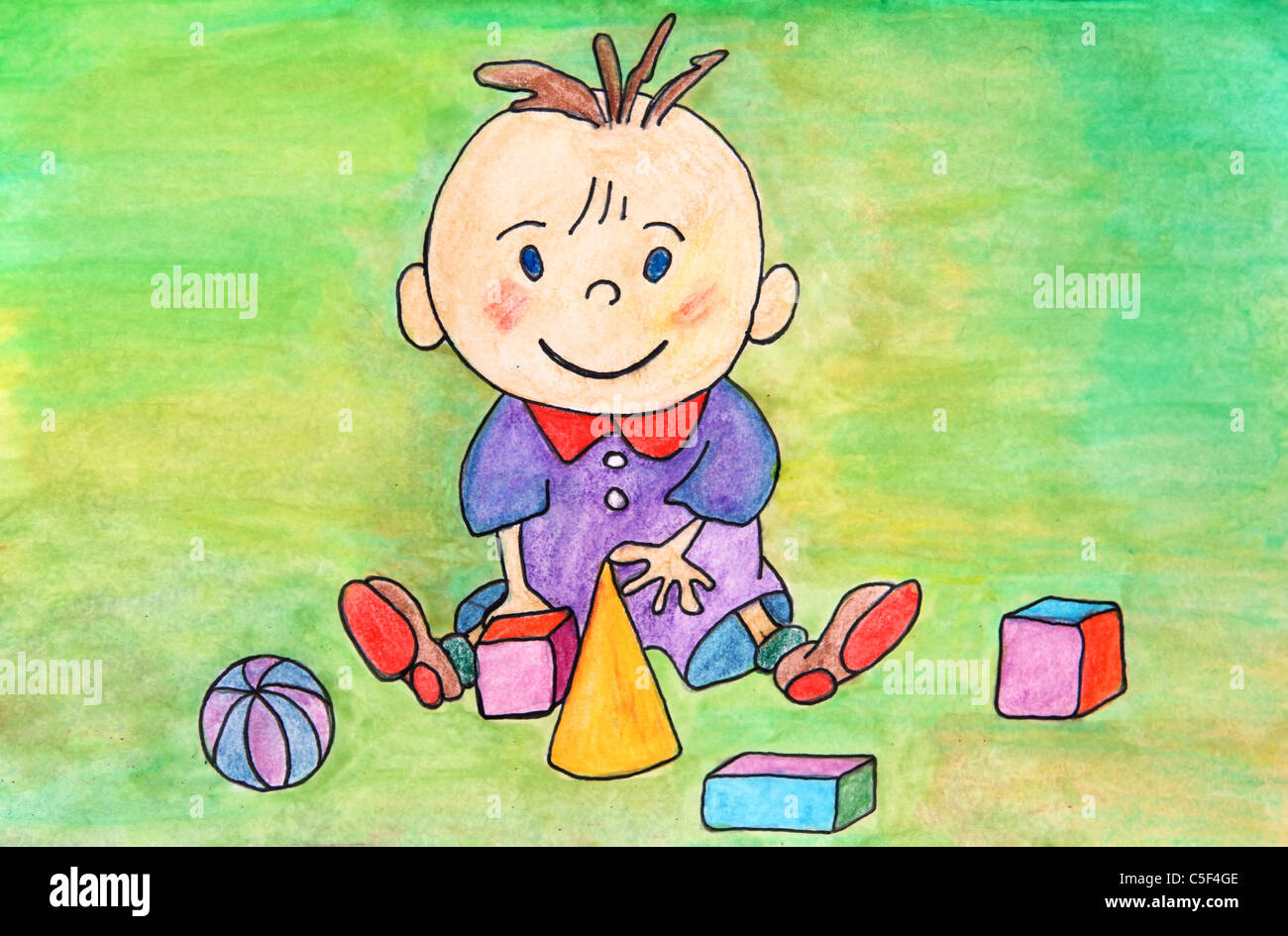 Original handmade art drawing with a boy playing with toys Stock Photo ...