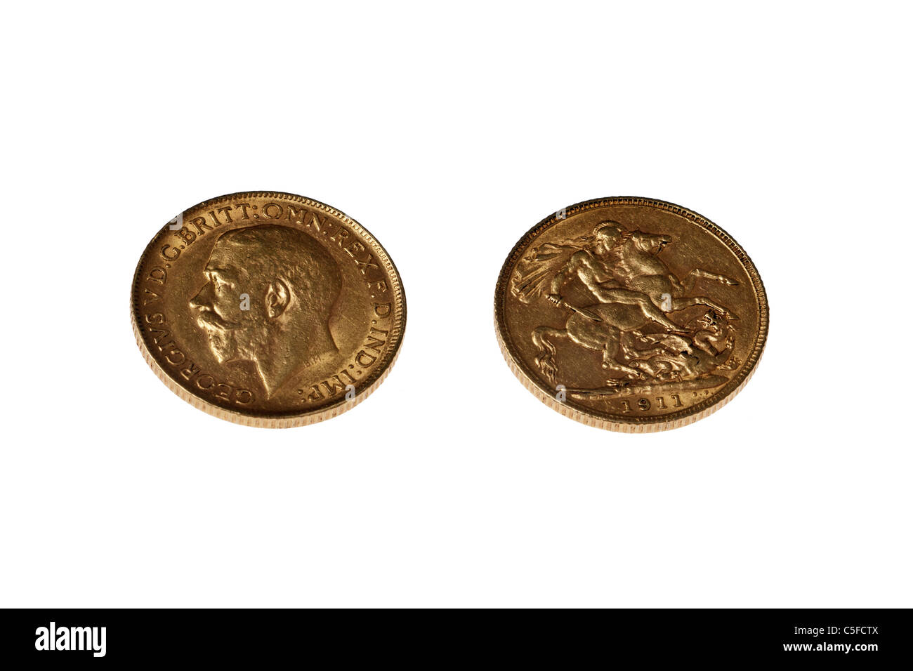 1911 George V gold Sovereign coin against plain white background ...