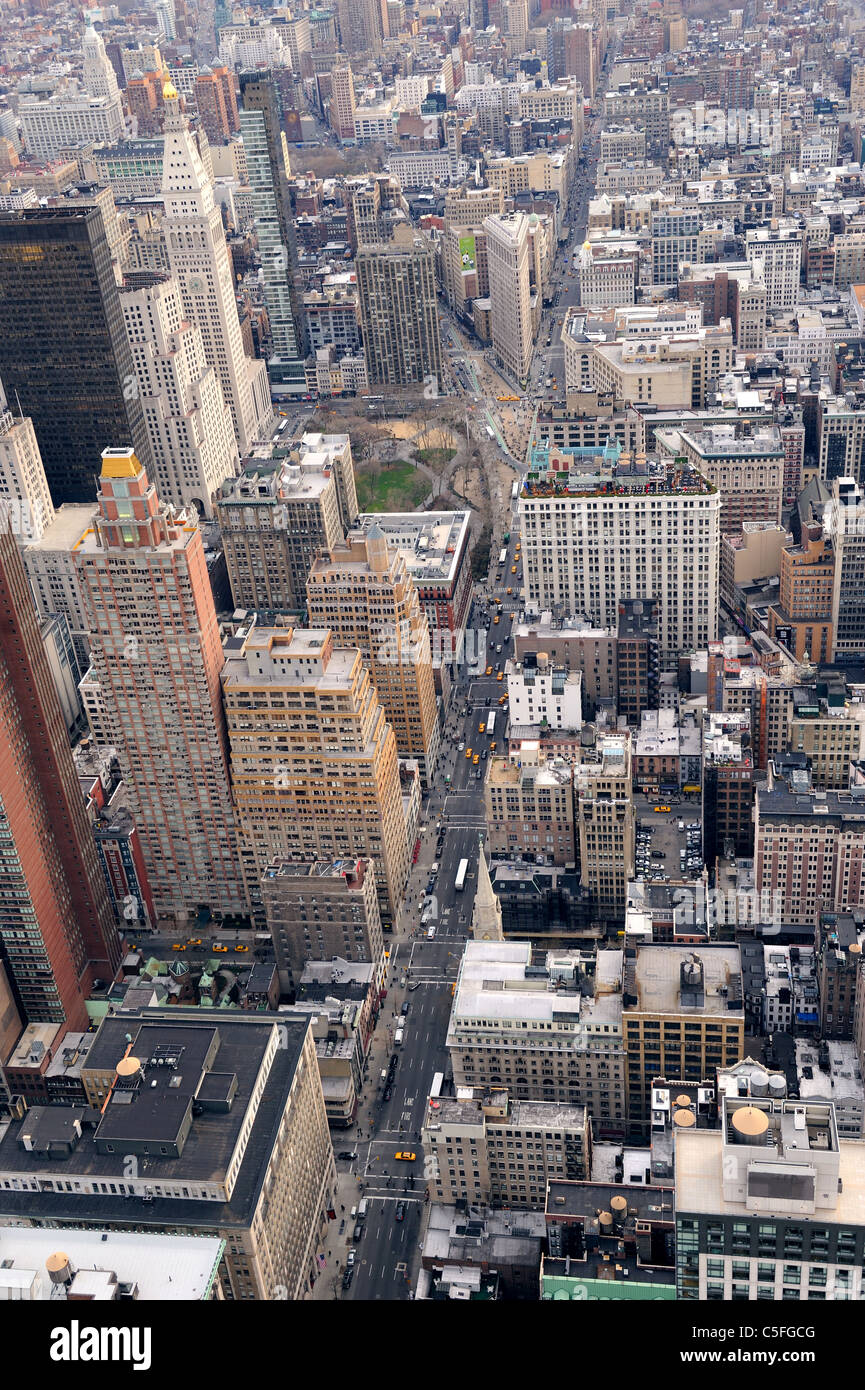 New York City Manhattan street aerial view with skyscrapers, pedestrian ...