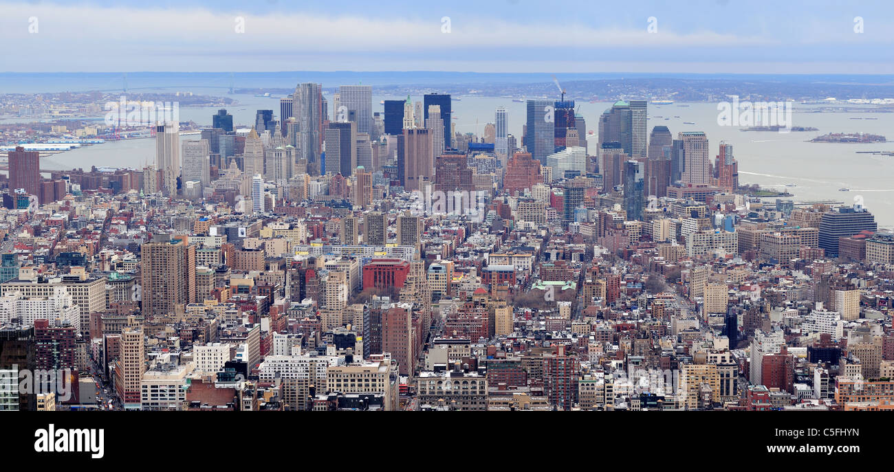 New York City Manhattan downtown skyscrapers panorama aerial view Stock ...