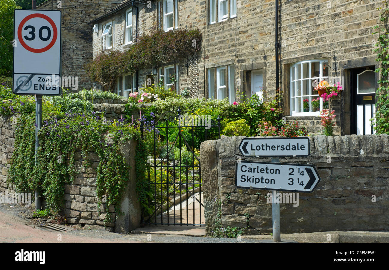 Stone cottages in the village of Cononley, North Yorkshire, England UK ...