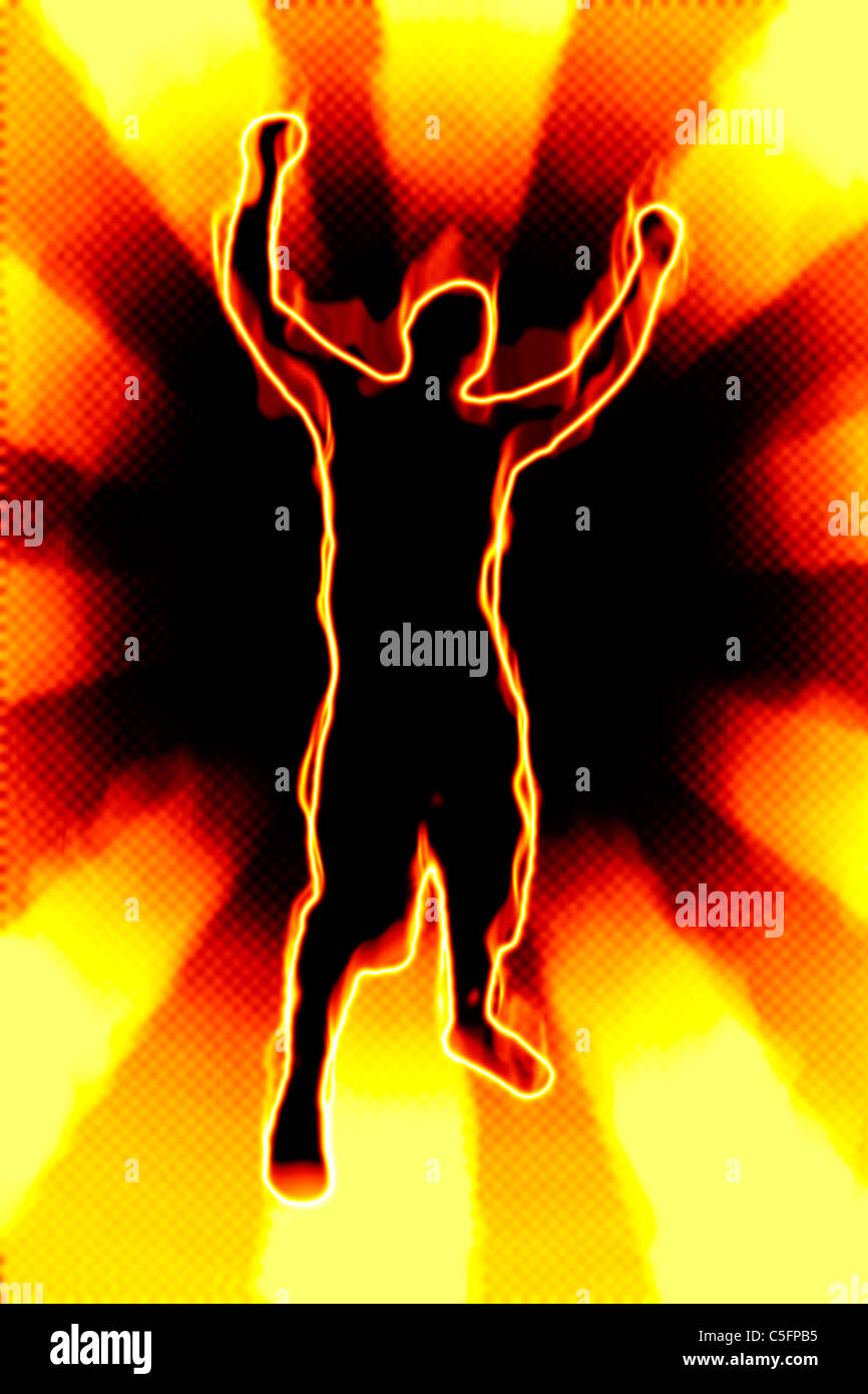 A fiery silhouette illustration of a young man throwing his hands up in ...