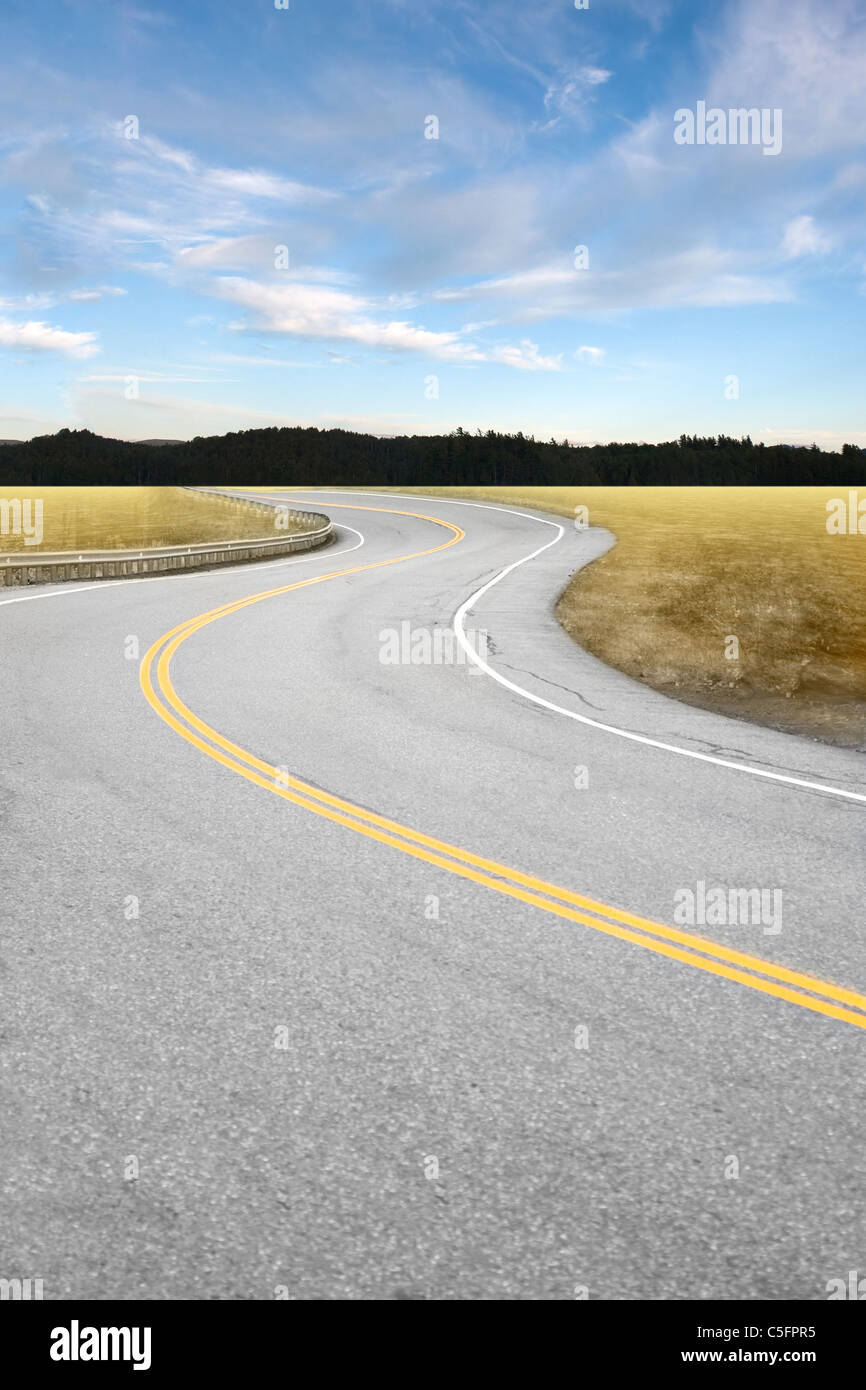 An empty curved road leading off into the horizon of trees and ...