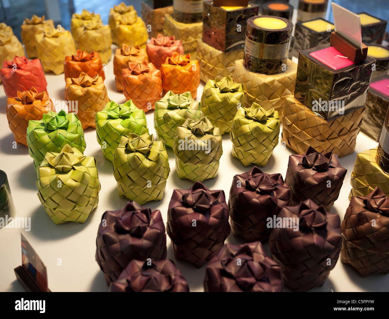 Woven raffia boxes on display at the Senteurs d'Angkor shop, Siem Reap ...