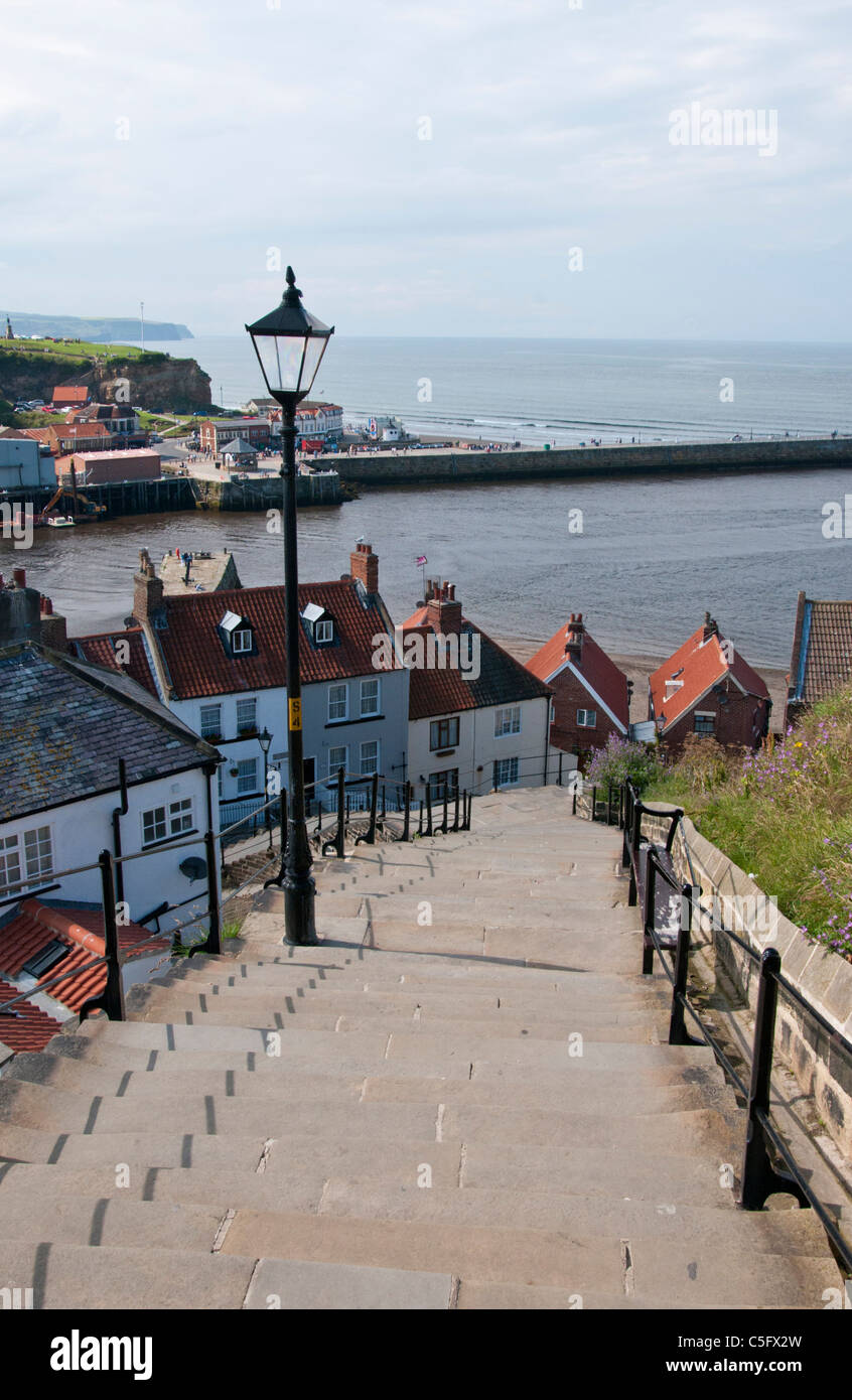 The steps lead up to St Mary's church and the abbey in Whitby Stock ...
