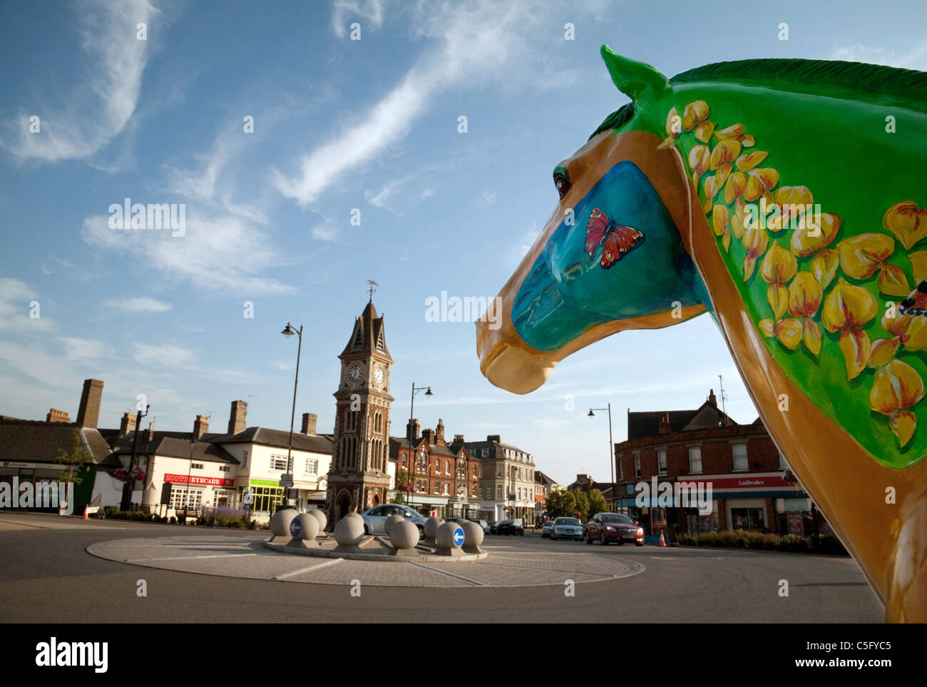 Newmarket town centre, with model racehorse, Suffolk, UK Stock Photo ...