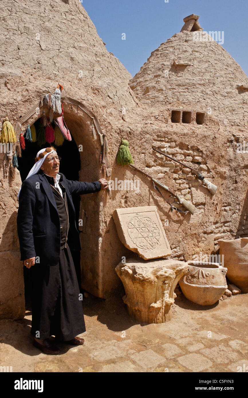 Man in front of traditional beehive house, Harran (Altinbasak), Eastern ...