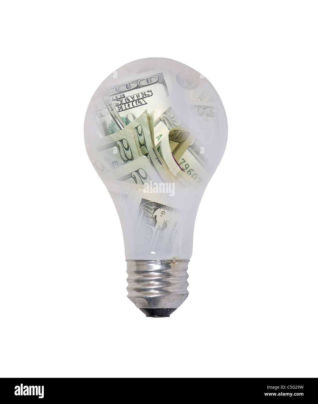 Money ideas shown by a round glass lightbulb filled with money - path ...