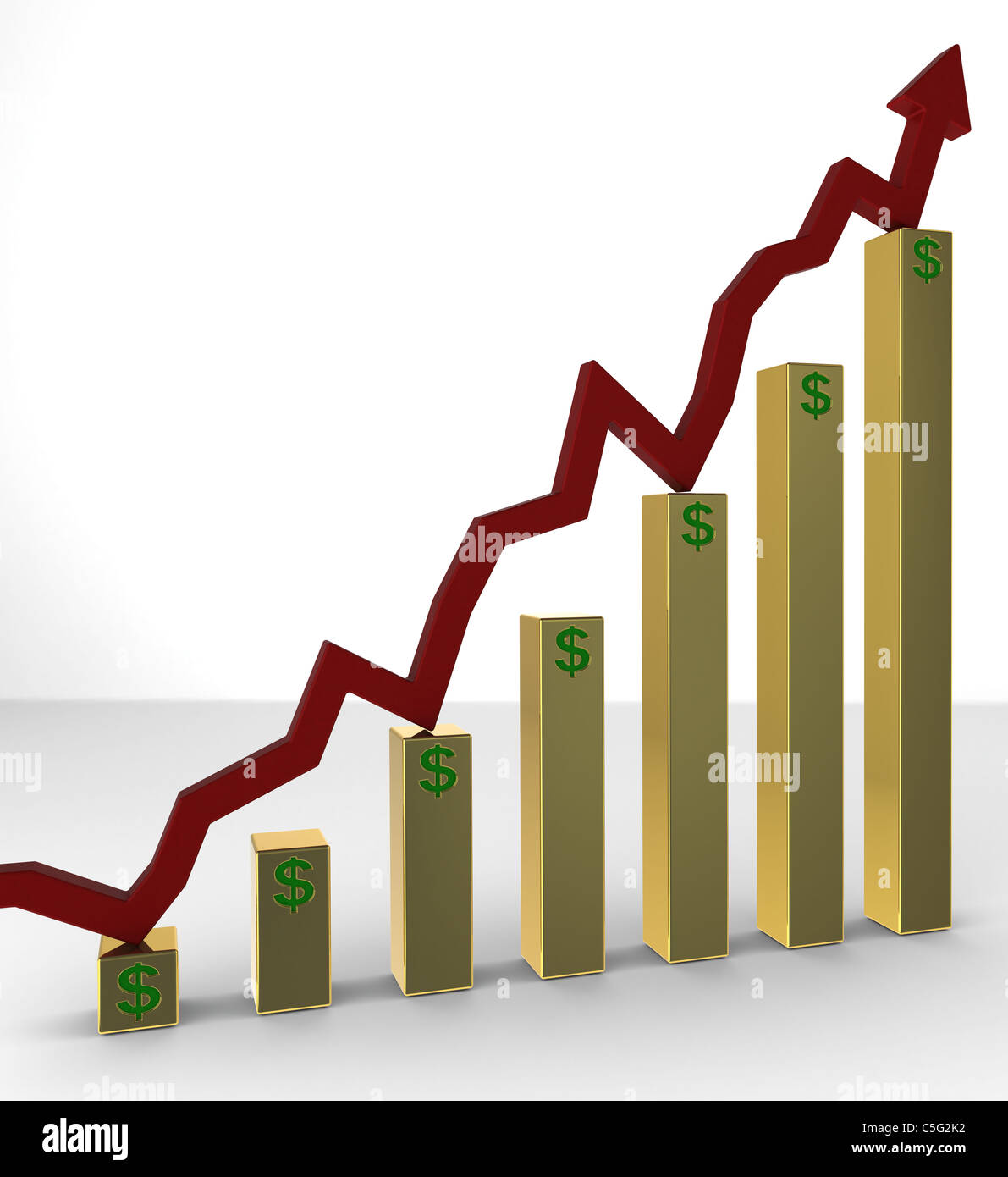 A red stock line rising up on golden bars with the dollar sign on the ...
