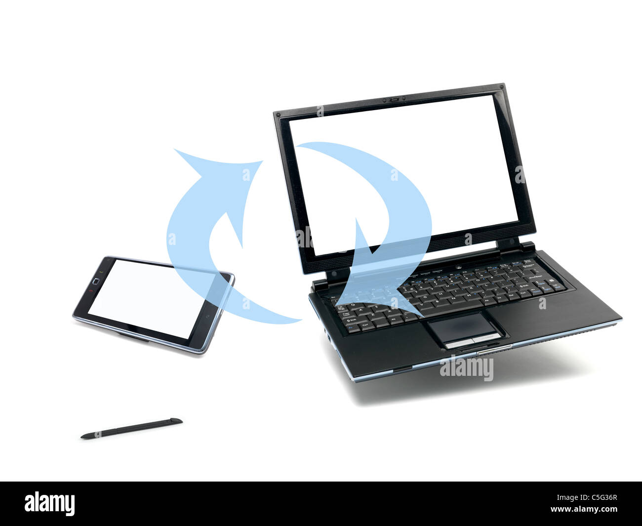 A laptop computer and a pda device isolated against a white background ...
