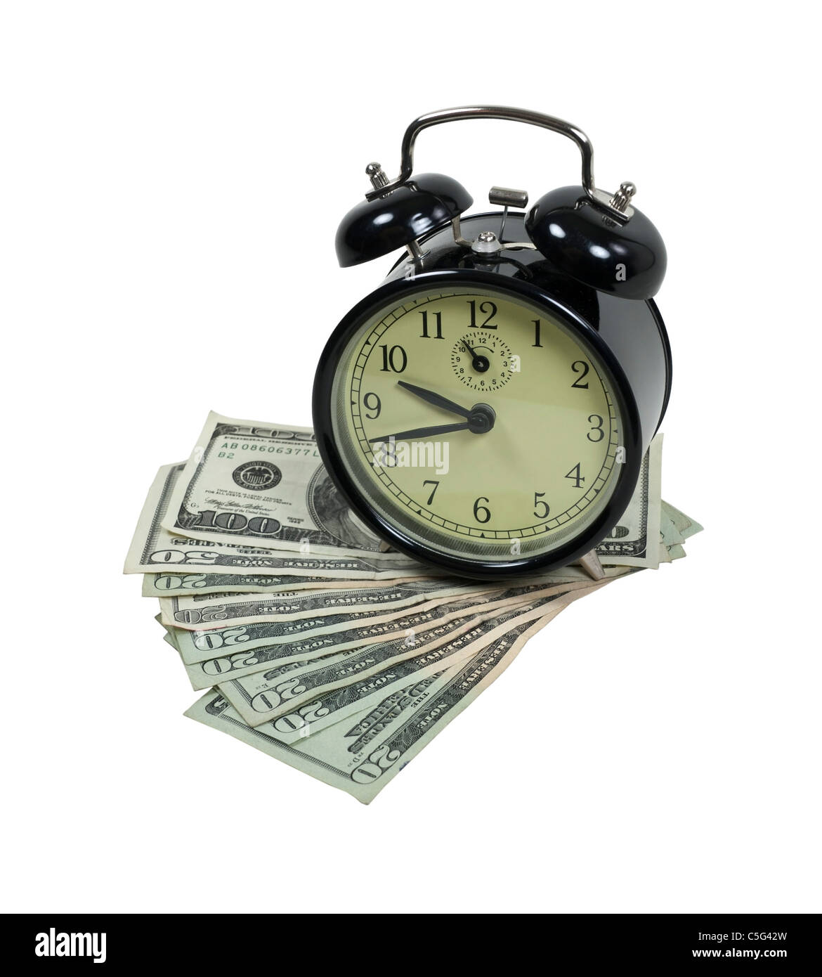 Time is money shown by an alarm clock with several monetary bills ...