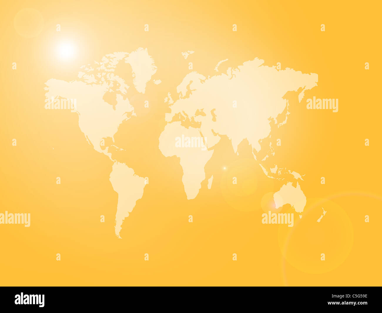 An orange illustration of a world map with lens flare Stock Photo - Alamy