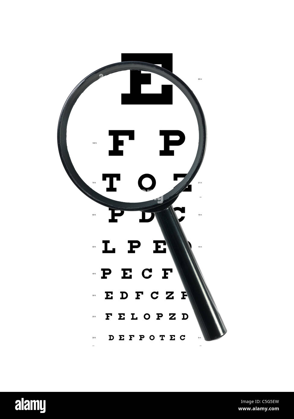 A magnifying glass and an eye chart isolated against a white background ...