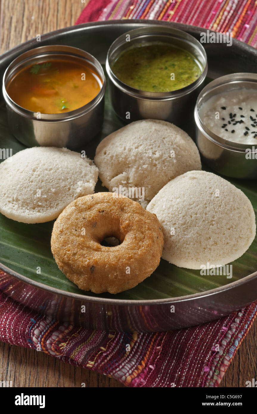 Idly wada. Steamed rice cakes and lentil fritter. South Indian ...