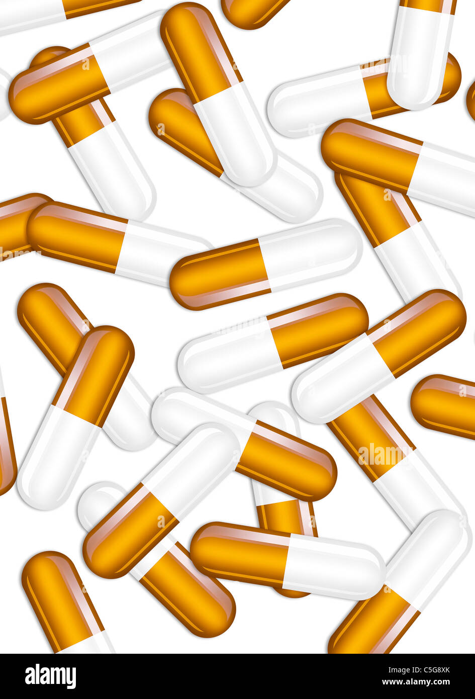 Random arrangement of generic Yellow/White capsule style pills on a ...