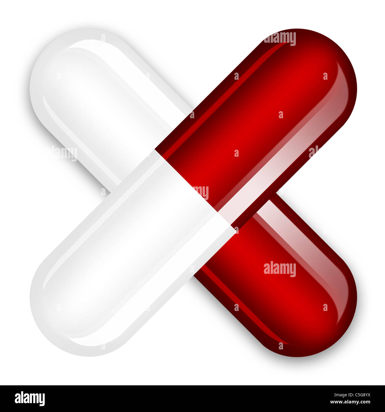 Illustration of two red and white capsules forming an X to signify the ...