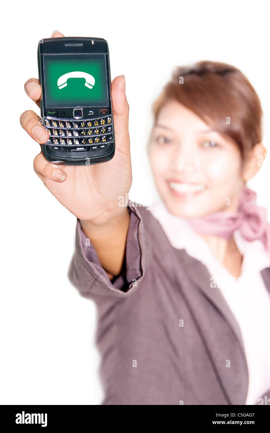 Businesswoman shows his mobile phone forward Stock Photo - Alamy