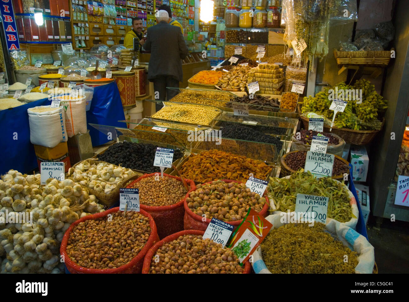 Nuts seeds and dried goods stall at market hall Ulus district Ankara ...