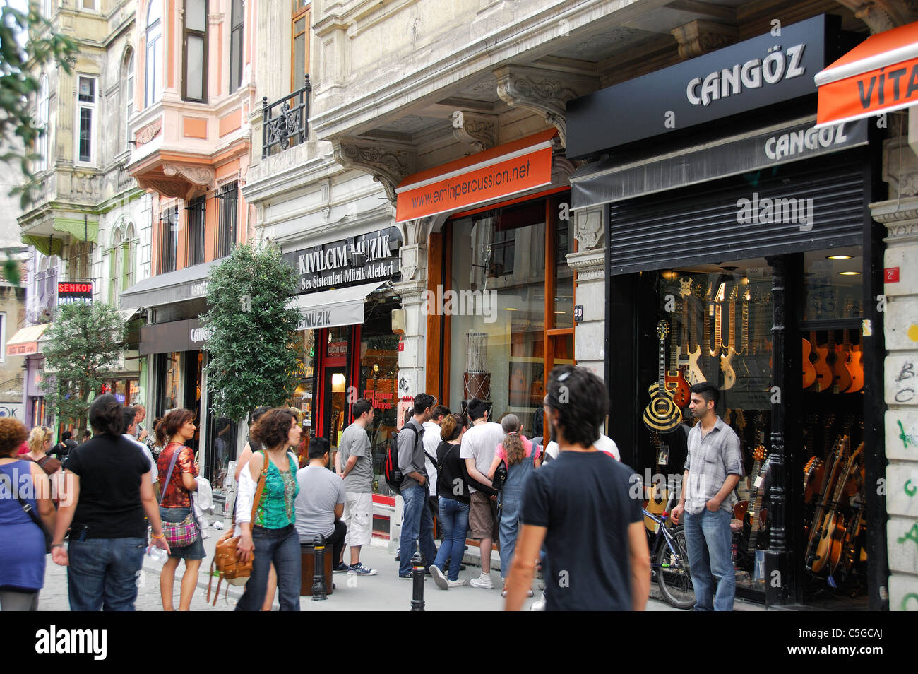 ISTANBUL, TURKEY. Shops selling musical instruments on Galipdede ...