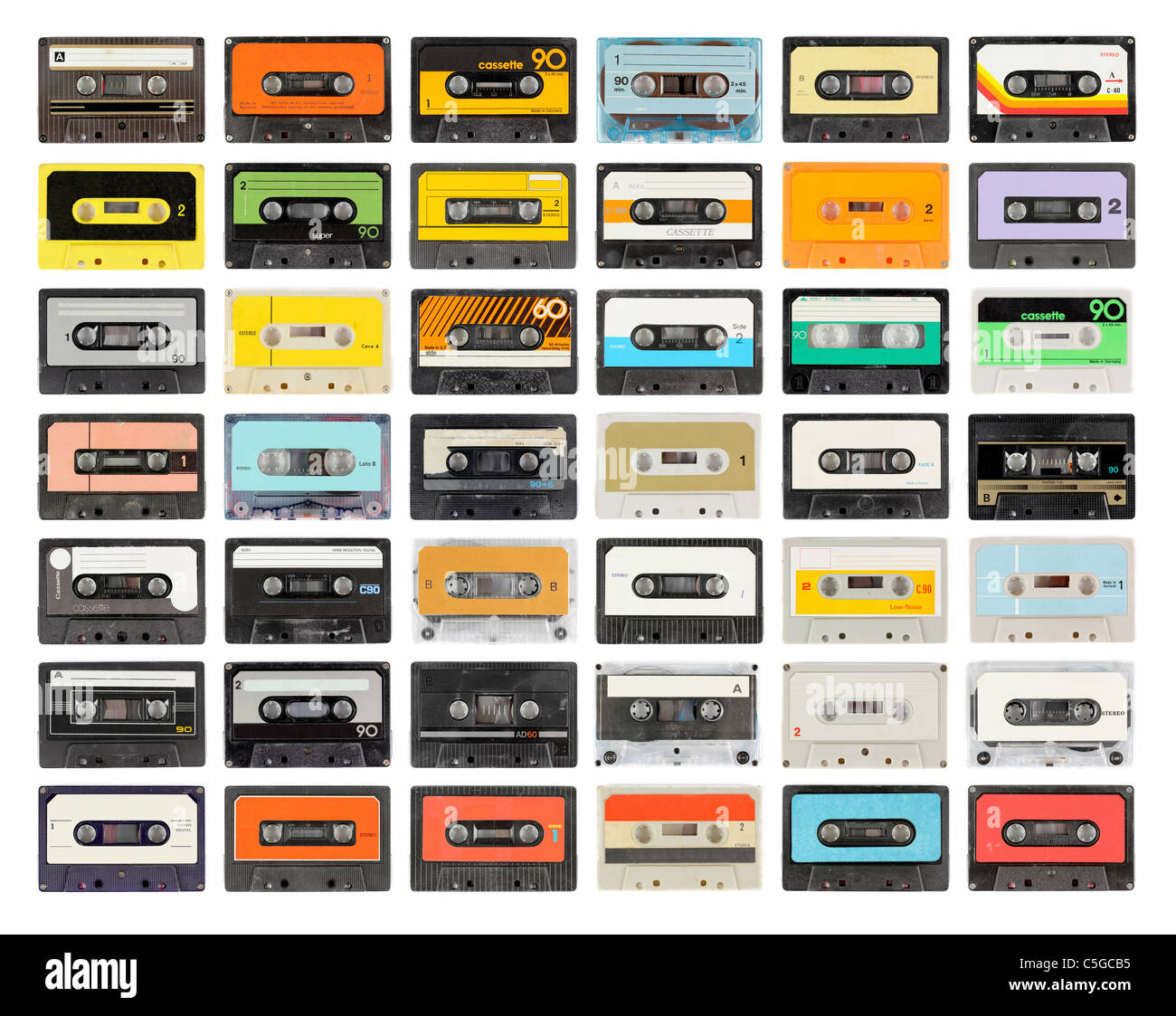 a large collection of retro cassette tapes places in a grid Stock Photo ...