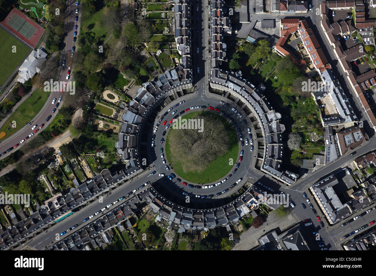 Aerial view of City of Bath showing The Circus Stock Photo - Alamy