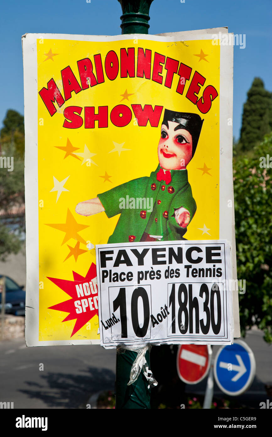 Marionette Show poster on lamp post in Fayence, Provence, France Stock ...