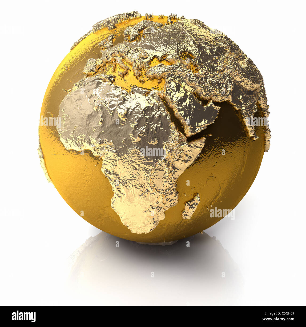 Gold globe with realistic topography and light reflections, metal earth ...