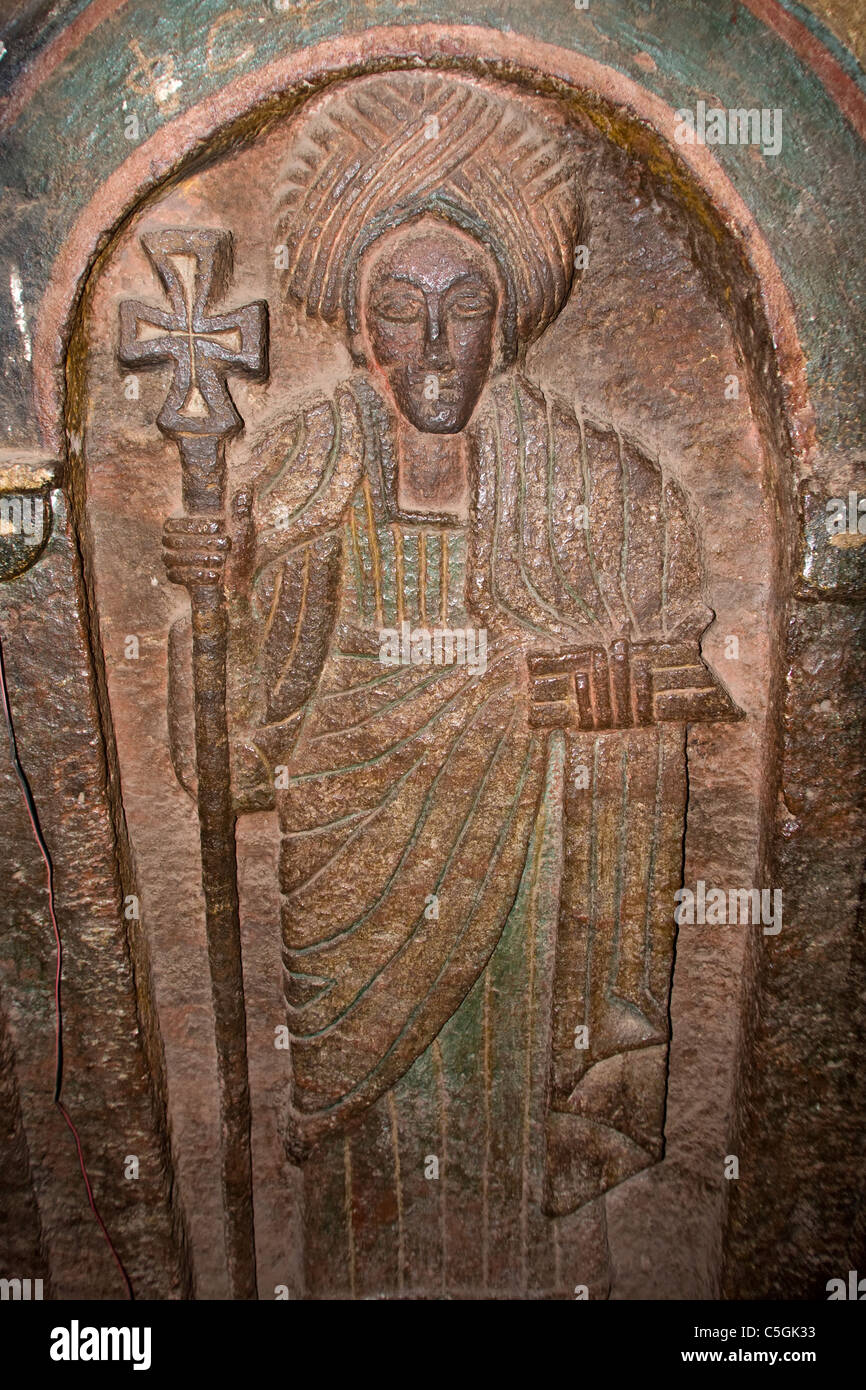 Relief of saint wearing a turban and bearing a cross, Rock Hewn Church ...