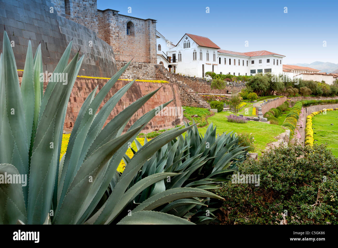 Exterior gardens at the Inca Sun Temple in Cusco, Peru, South America ...