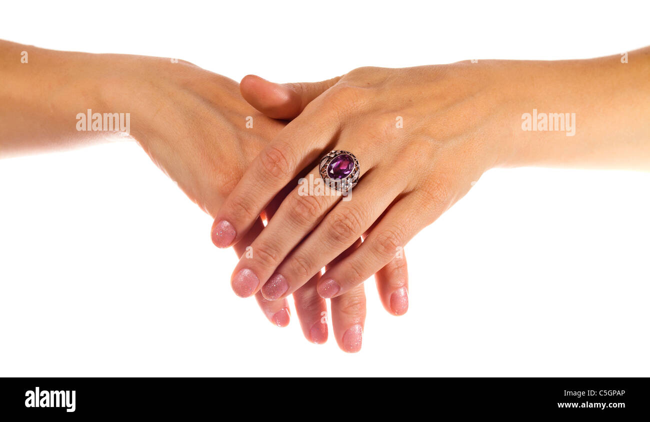 Female hands with silver ring on a white background Stock Photo - Alamy