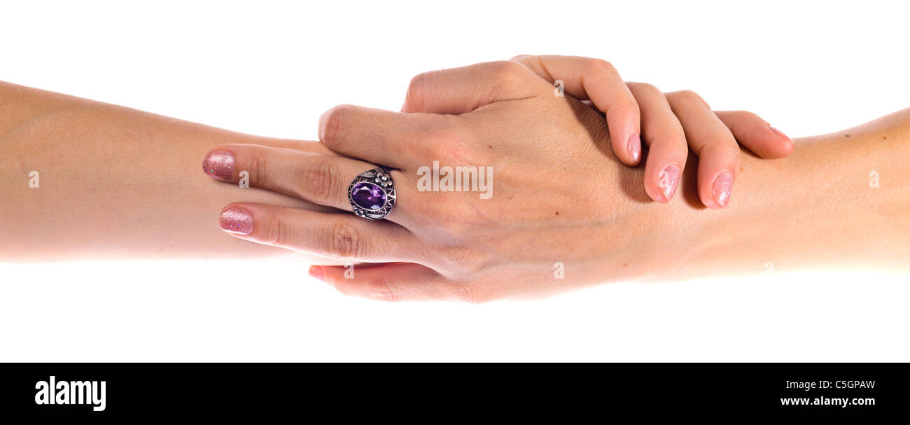 Female hands with silver ring on a white background Stock Photo - Alamy