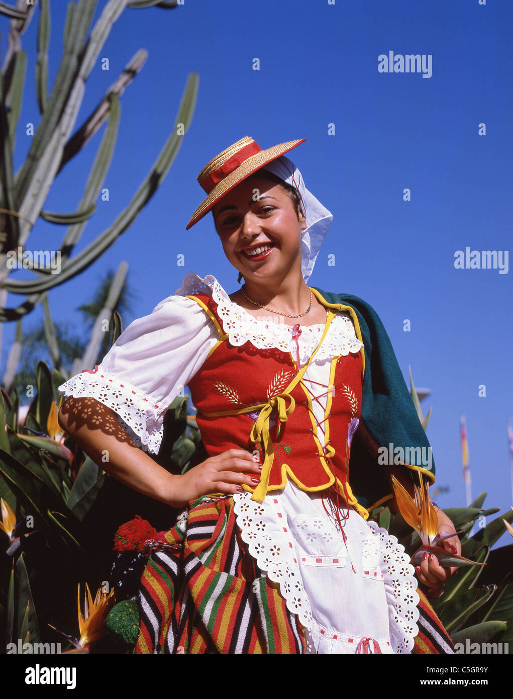Young woman wearing Canarian dress, Plaza Constitucion, La Orotava ...