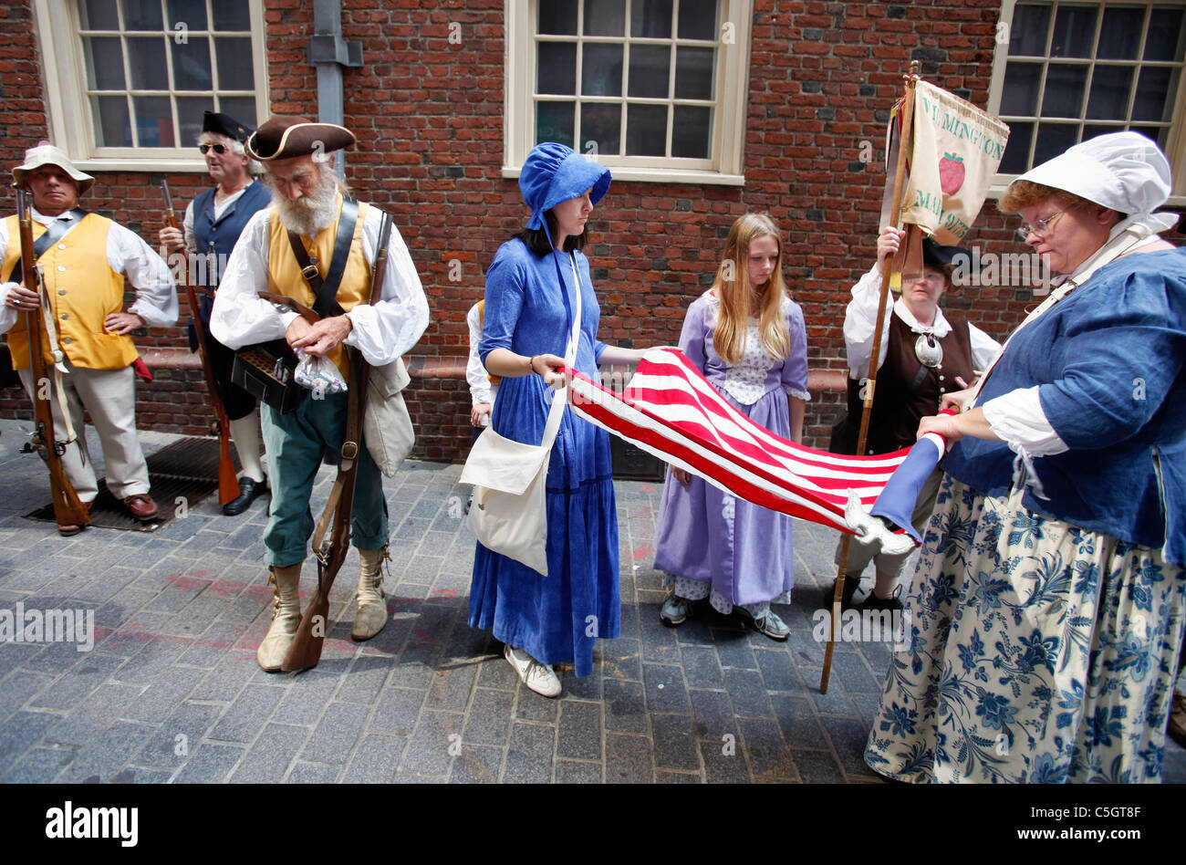 American Revolutionary war reenactors outside the Old State House on ...